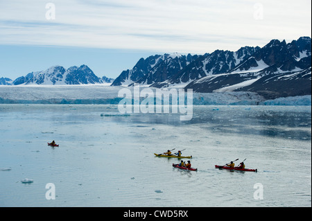 Kayaking at Monaco glacier, Woodfjorden, Spitsbergen, Svalbard, Arctic ...