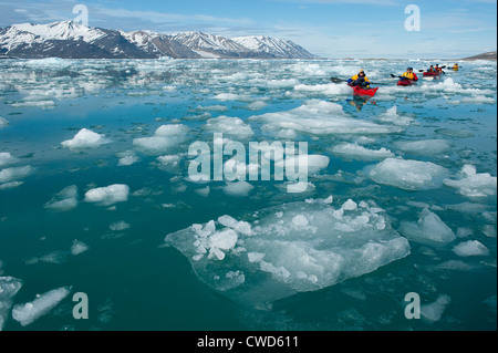 Kayaking at Monaco glacier, Woodfjorden, Spitsbergen, Svalbard, Arctic ...