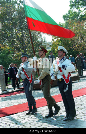 Bulgarian National Guard in their red ceremonial uniforms parading past ...