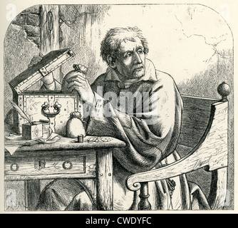 The miser, an old man is counting money, he frightened, as a cat runs ...