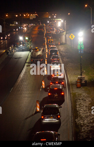 Night road work traffic in Brooklyn NY Stock Photo - Alamy
