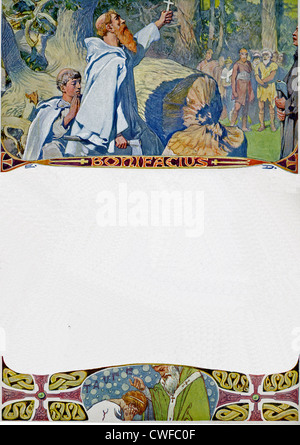 Saint Boniface, after felling the tree with the ax in his hand, holds a ...