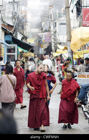Exiled Tibetan Buddhist monks in yellow ceremonial hats conduct ritual ...