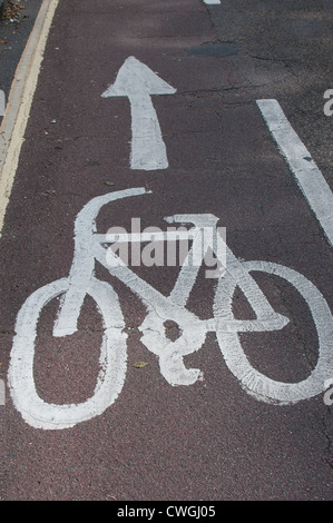 Bicycle road marked with white lines and tringle warning sign with ...