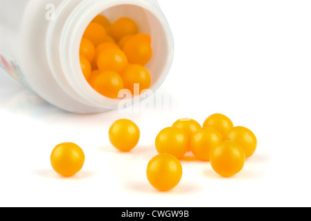 Pills in plastic orange bottle, prescribed medication, painkillers ...