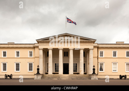 Sandhurst Royal Military Academy with Union Jack flag on flagpole, in ...
