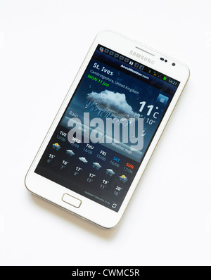 Weather forecast on smartphone. Weather forecast display app on Sunday ...