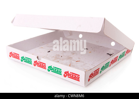 Empty pizza box with greasy red and white checkered paper. Lid open ...