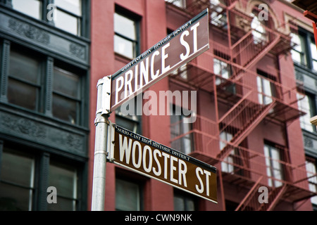 New York street signs for Wooster Street and Prince Street in Soho in ...
