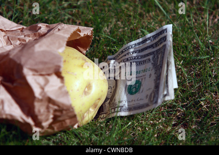 a potato and dollar bills in a paper bag on grass Stock Photo - Alamy
