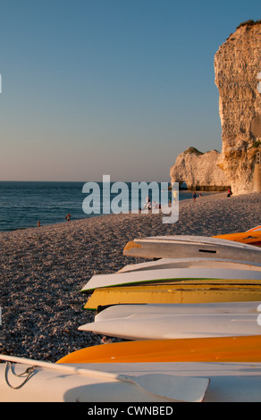 France, Seine-Maritime Etretat, the pebble beach, the colorful boats ...