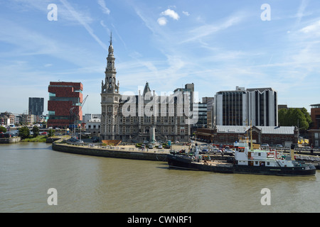 Belgium, Antwerp, city riverfront view from the Scheldt River, dusk ...