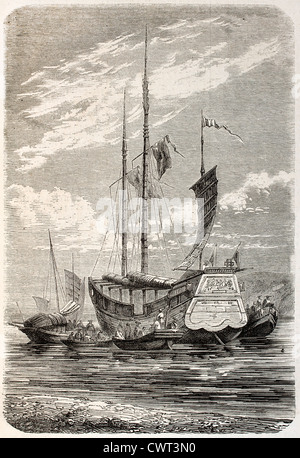 Engraving of a Chinese Junk, an ancient Chinese sailing ship design ...