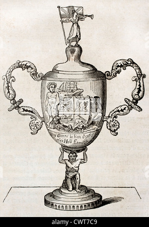 Silver trophy cup on an antique column in greek style 3D illustration ...