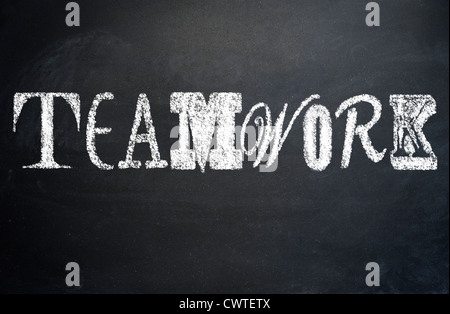 The word 'TEAMWORK' written in different fonts and colours in chalk on ...