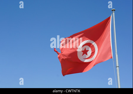 Tunisia flag, red crescent moon and red star shape in a white circle ...