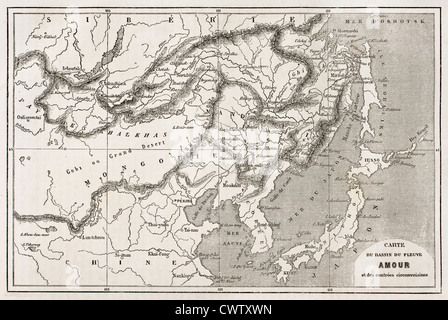 Amur river basin old map, Northeastern China. Old 19th century ...