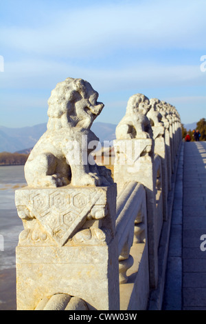 Lion sculpture the famous 17 arch lion bridge on Kunming Lake outside ...