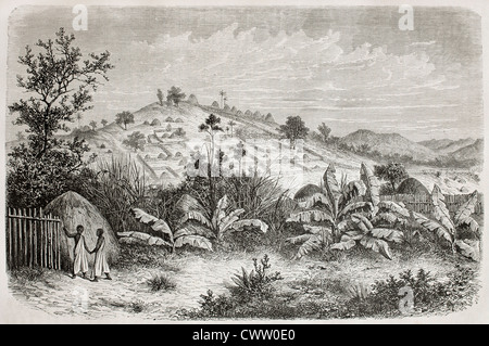 Old view of Kiboga, Uganda, Africa. Old XIX century engraved from Le ...
