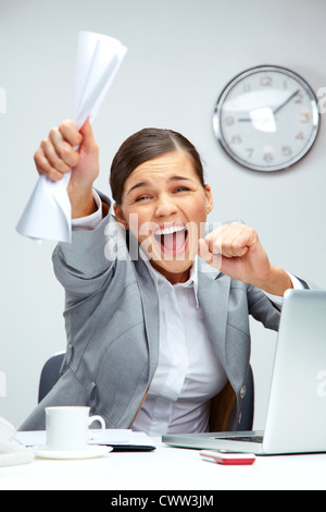 Image of successful young businesswoman showing stop sign, raising one ...
