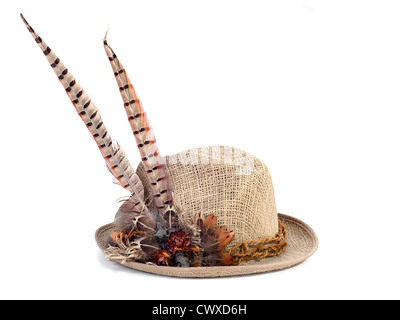 Hunting hat with pheasant feathers isolated on white. Closeup Stock ...
