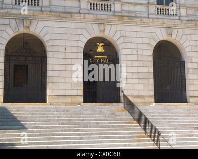 Portland Maine City Hall Building - Close view to the clock and weather ...