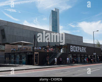 Boxpark "pop up" shops in Shoreditch High Street in east London Stock ...