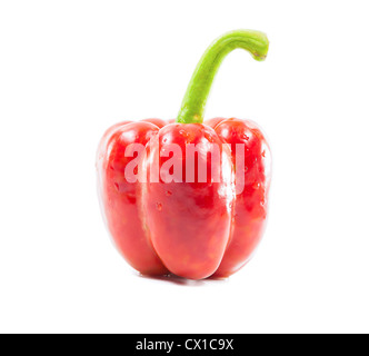 Red, sliced paprika with drops of water on white background Stock Photo ...