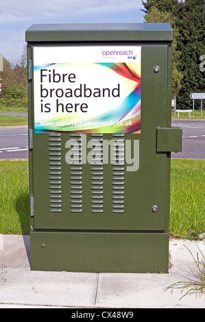 A BT Openreach Fibre Broadband is here sticker on the side of a green ...