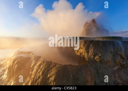 Fly Geyser with snow capped Granite Range in the Black Rock Desert near ...