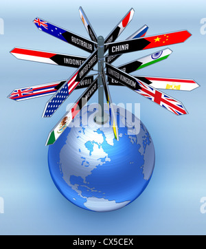 Planet earth with arrows indicating the direction of countries. Concept ...