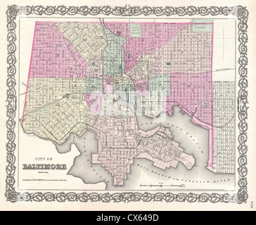 The 1855 Colton map of Baltimore, Maryland provides a detailed ...