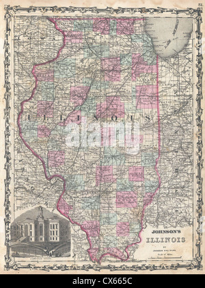 The 1862 Johnson Map of Illinois provides a detailed geographical ...