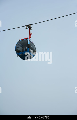 Cable car on blue sky background, in Expo district, Lisbon, Portugal ...