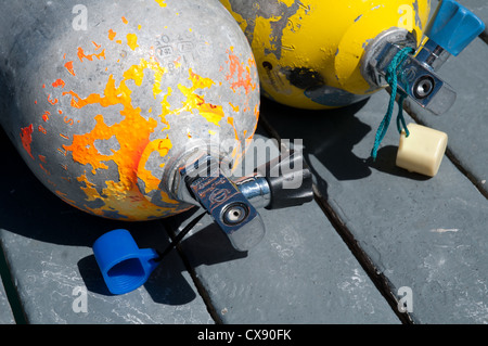 Yellow diving tank full oxygen for snorkeling isolated on a white ...