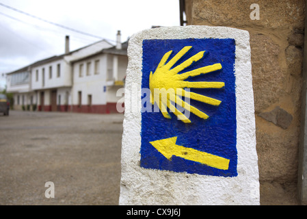 Camino de Santiago Yellow scallop and arrow sign on old stone wall. Way ...