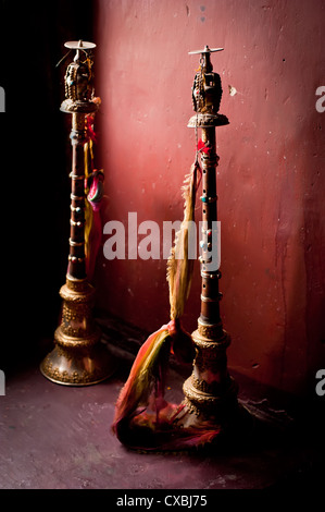 Tibetan Buddhist monks play traditional instruments to bless the horse ...