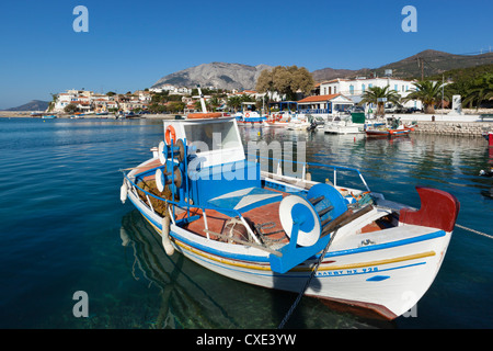 Fishing harbour and Mount Kerketeas, Ormos Marathokampos, Samos, Aegean ...