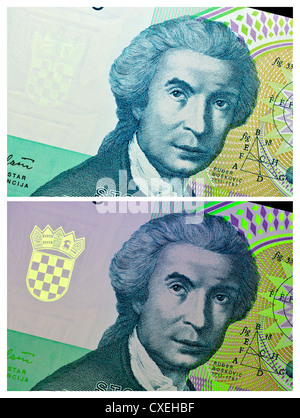 Banknote seen under natural light and UV light, showing security ...
