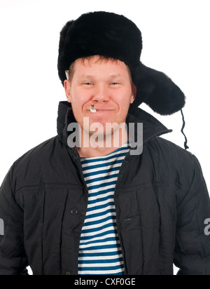 Russian Man in Fur Cap and Jacket with Vodka .isolated on white ...