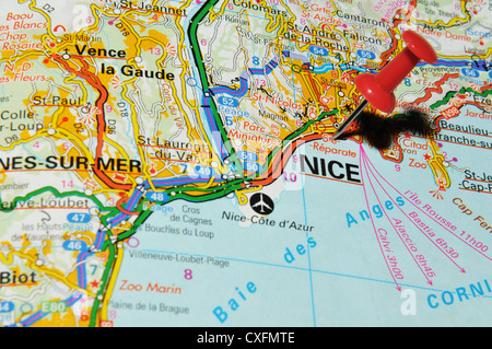 Nice pinned on a map of France Stock Photo - Alamy