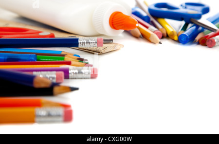 Sheets of colored paper, scissors, glue, pencil, set for children Stock ...