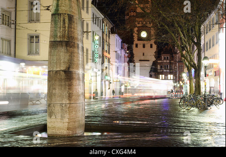 Long exposure of a tram in Freiburg city centre at night, Freiburg ...