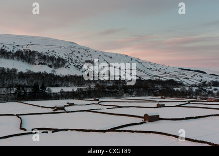 Gunnerside barns in winter, Yorkshire Dales, sunset, snow, fields ...