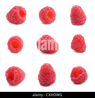 Set with fresh ripe raspberries isolated on white Stock Photo - Alamy