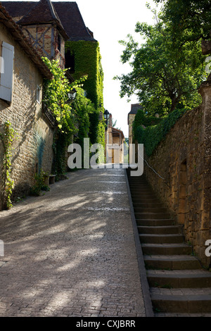 Alley with staircase in the village of La Motte-Chalancon, Drôme ...