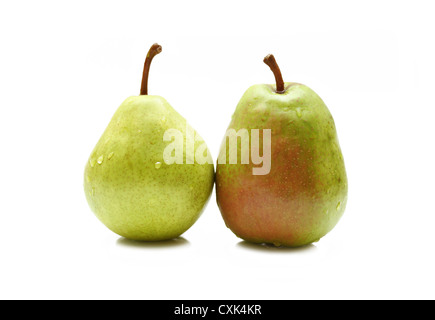 Two juicy green pears, macro, isolated on a black background Stock ...