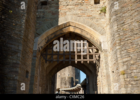 Portcullis and main gate drawbridge entrance to Caerphilly Castle Wales ...