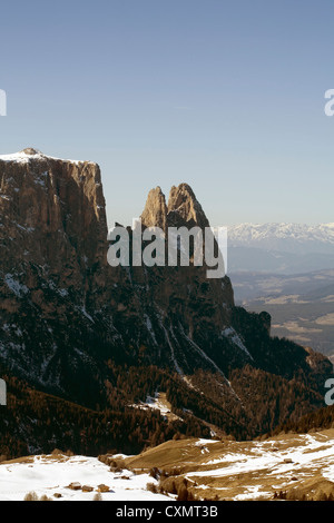 The snow capped peaks of The Sciliar Schlern with the outcrops of ...
