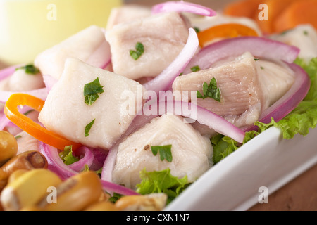 Peruvian-style ceviche made out of raw mahi-mahi fish (Spanish: perico ...